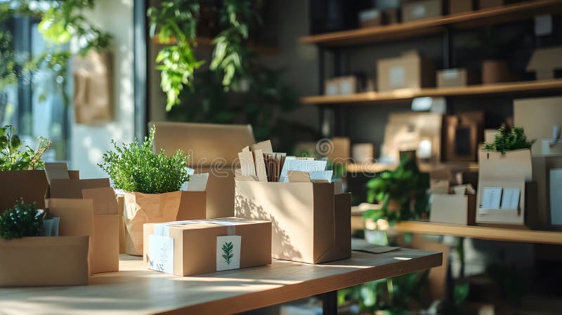 Sunlit Shop Interior with Cardboard Packaging and Greenery Stock ...