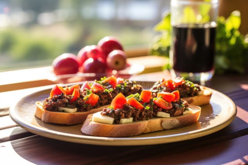 Sunlit Side View of Tapenade Bruschetta Plate on Breakfast Table Stock ...