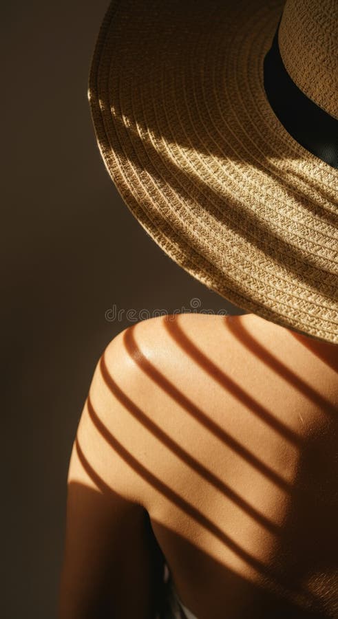 Sunlit Skin and Straw Hat with Dramatic Shadow Patterns on Woman S ...