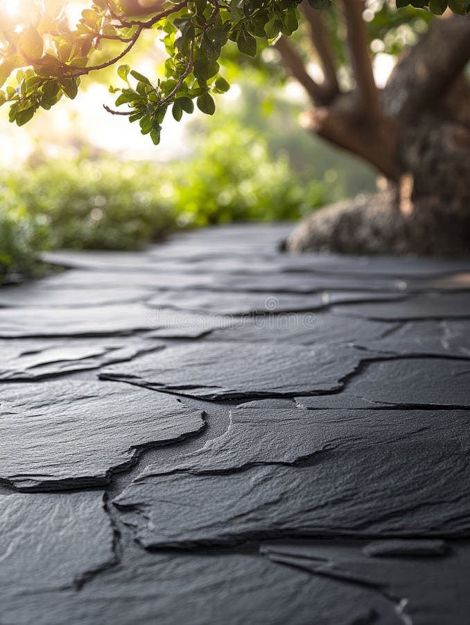 Sunlit Slate Pathway in a Serene Garden Setting. Stock Photo - Image of ...
