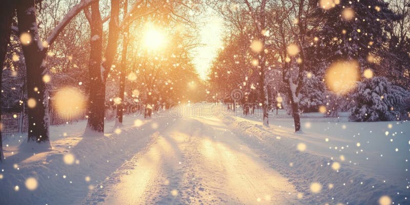 Sunlit Snow-covered Path through a Forest, Illuminated by Warm Golden ...