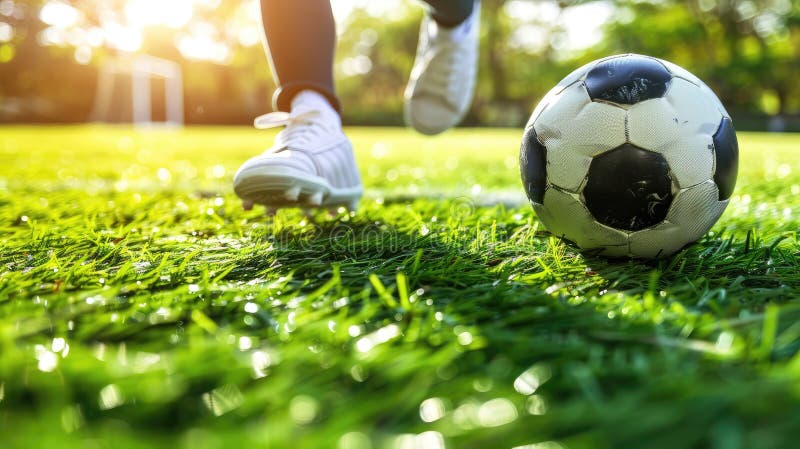 Sunlit Soccer Ball on Grass with a Player Running in the Background ...