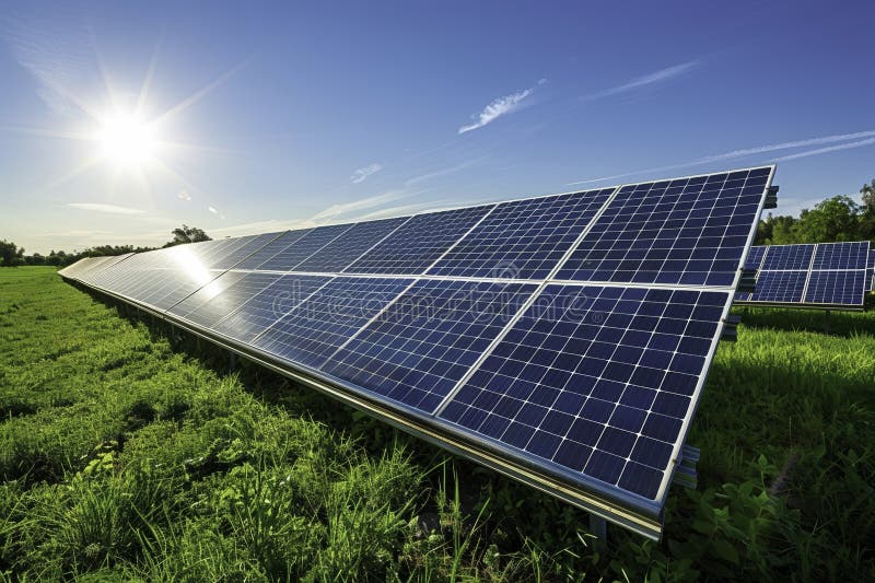 Sunlit Solar Panel Array in a Grassy Field Generating Renewable Energy ...