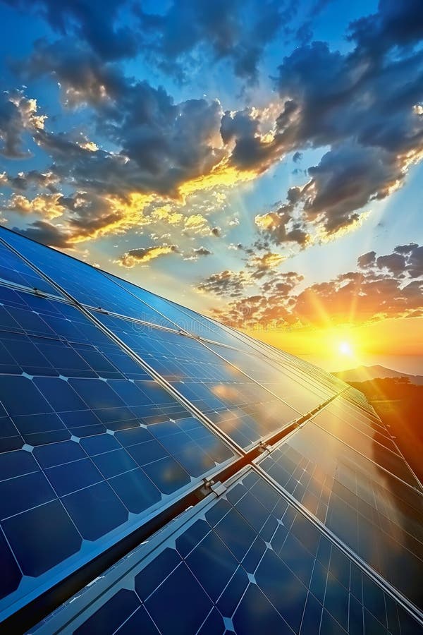 Sunlit Solar Panels at Dawn Reflecting Blue Sky and Clouds Stock Image ...