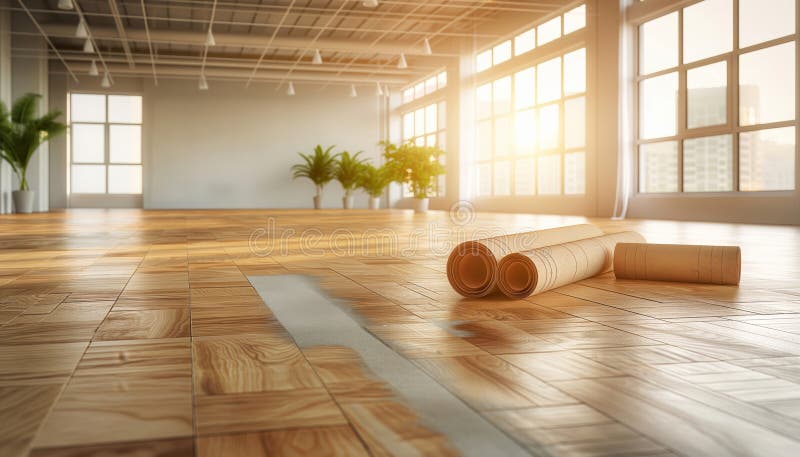 Sunlit Spacious Room with Rolls of Wooden Flooring Stock Image - Image ...