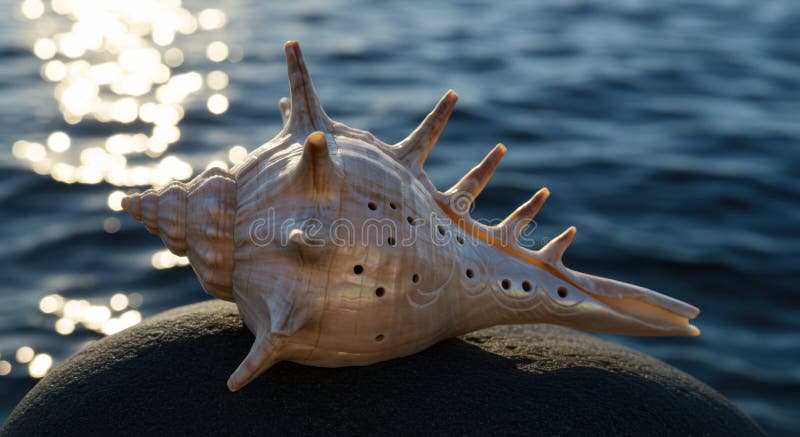 Sunlit Spiky Seashell on Rock by the Ocean at Sunset Stock Image ...