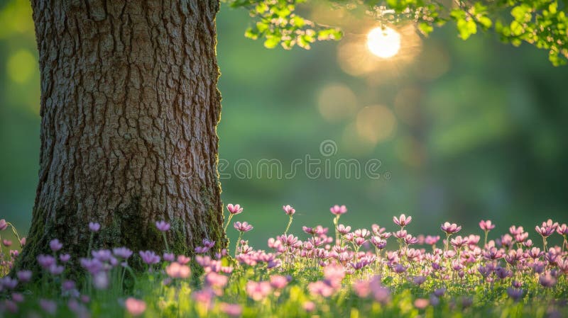 Sunlit Spring Flowers beside a Majestic Tree Trunk Stock Illustration ...