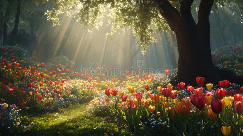 Sunlit Spring Garden with Colorful Tulips and Majestic Tree Stock ...