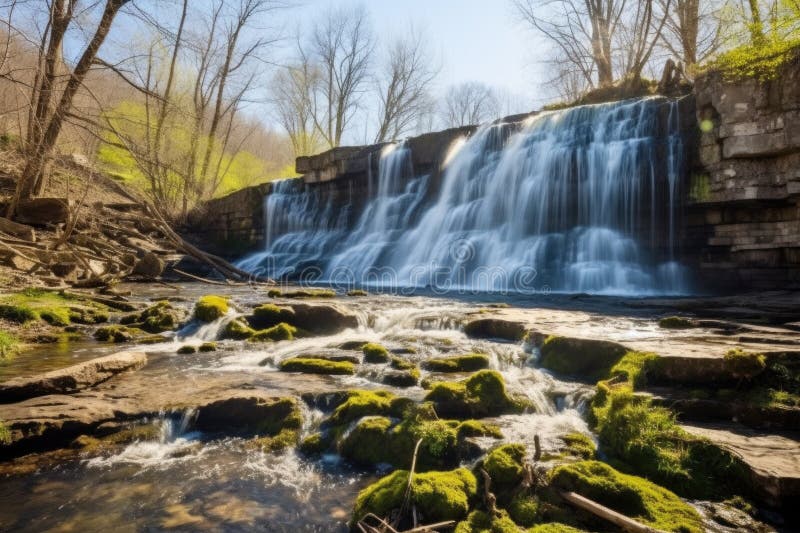 Sunlit Spring Waterfall Cascading Over Rocky Terrain Stock Photo ...