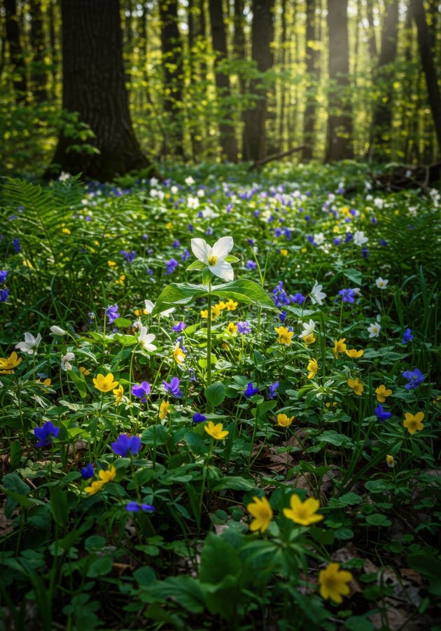 Sunlit Spring Wildflowers in Lush Green Forest Stock Illustration ...