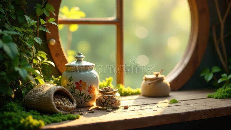 Sunlit Still Life Featuring Jars of Organic Seeds and Grains by a ...