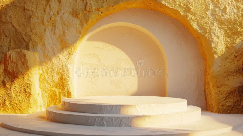 Sunlit Stone Arch with Circular Steps in Desert Cave at Sunset Stock ...
