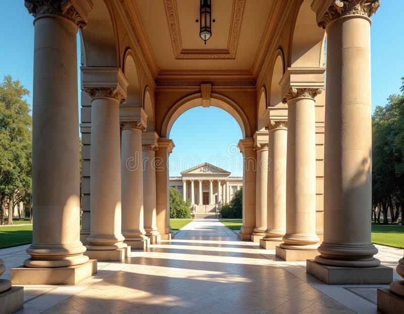 Sunlit Stone Colonnade with Classical Archway Framing an Ornate ...