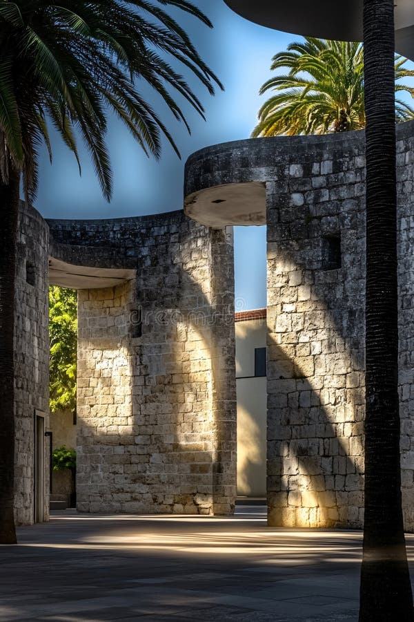 Sunlit Stone Courtyard Architecture with Palm Trees High Quality Image ...