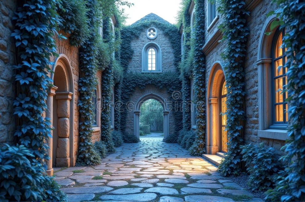 Sunlit Stone Courtyard with Ivy-covered Walls and Arched Pathway Stock ...