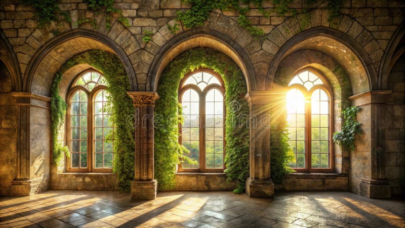 Sunlit Stone Hallway with Three Arch Windows and Verdant Vines ...