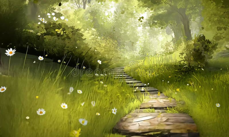 Sunlit Stone Path through Daisy Meadow, Forest Background, Idyllic ...