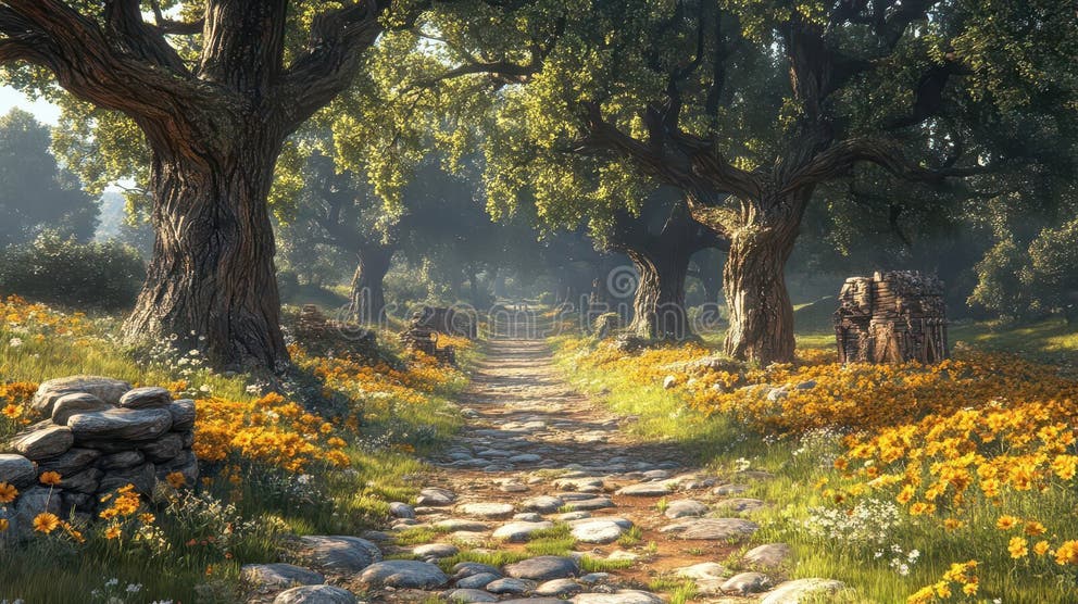 Sunlit Stone Path, Flowery Lane Stock Image - Image of ecosystem ...