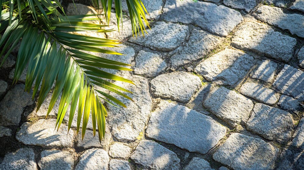 Sunlit Stone Pathway with Palm Frond Stock Image - Image of plants ...