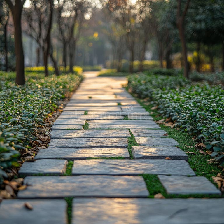 Sunlit Stone Pathway in a Tranquil Garden Setting. Stock Photo - Image ...