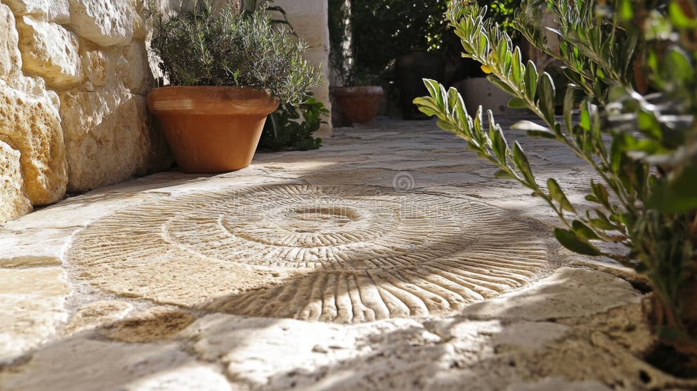 Sunlit Stone Patio Featuring Intricate Circular Design Stock ...
