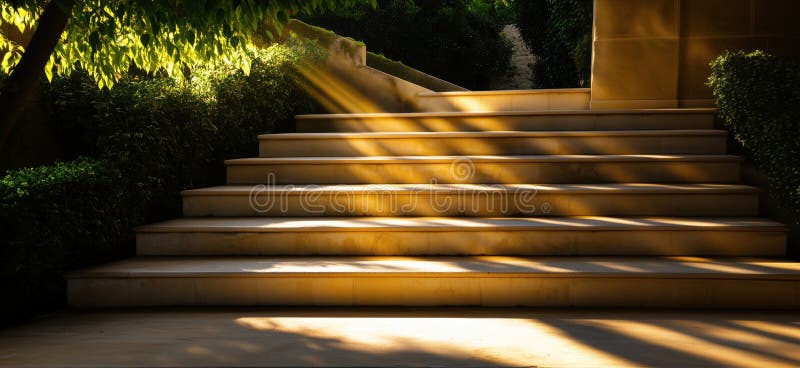 Sunlit Stone Steps Surrounded by Lush Greenery and Soft Shadows ...