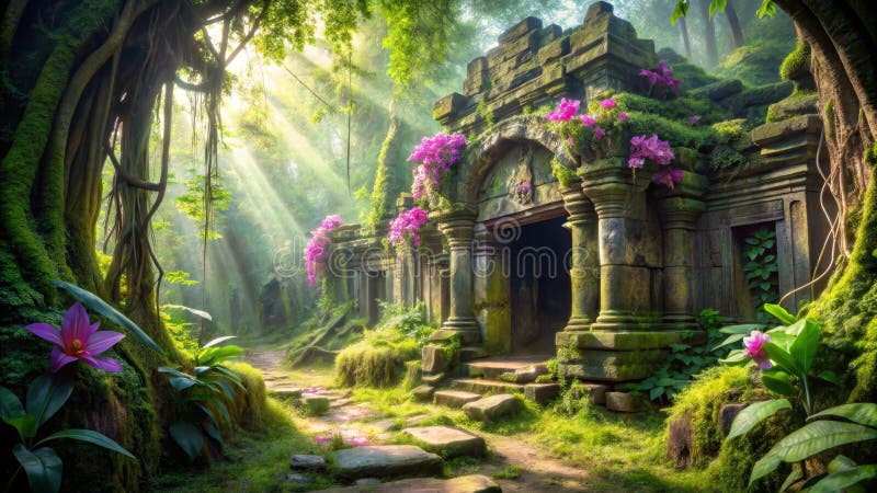 Sunlit Stone Structure Overgrown with Lush Tropical Vegetation and ...