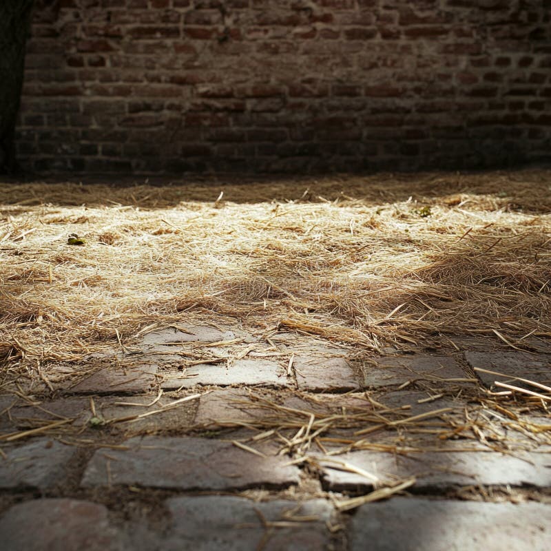 Sunlit Straw and Cobblestone Pathway Against Brick Wall Stock Image ...