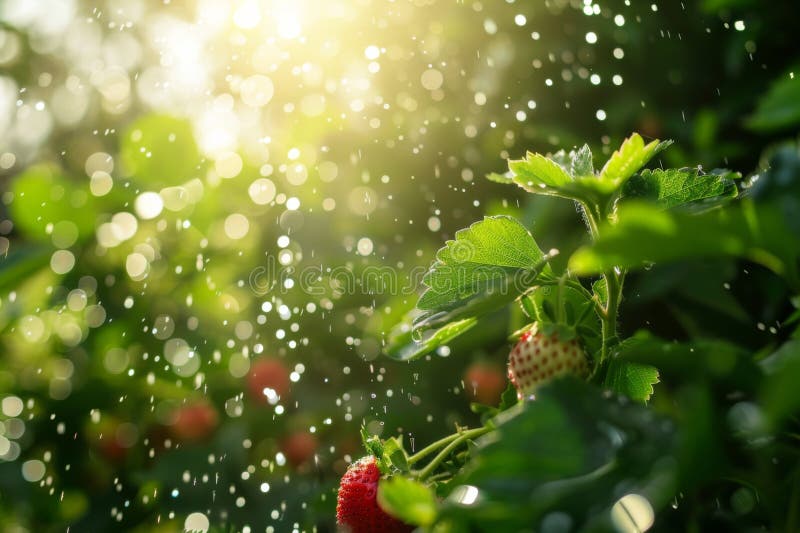 Sunlit Strawberry Field with Refreshing Morning Dew Stock Image - Image ...