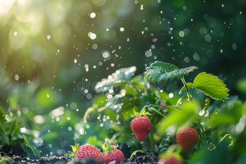 Sunlit Strawberry Field with Refreshing Morning Dew Stock Photo - Image ...