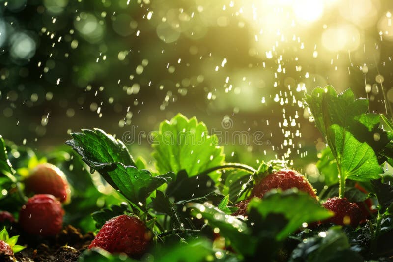 Sunlit Strawberry Field with Refreshing Morning Dew Stock Photo - Image ...