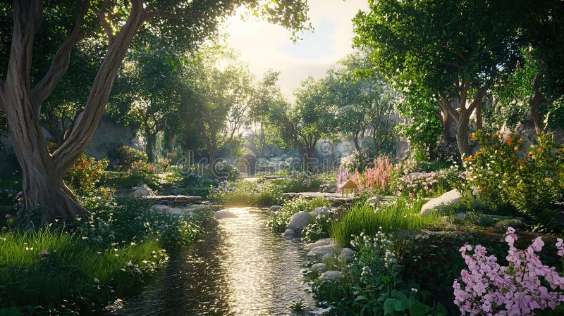 Sunlit Forest Stream Peaceful Morning Lush Green Woods Stock Photos ...