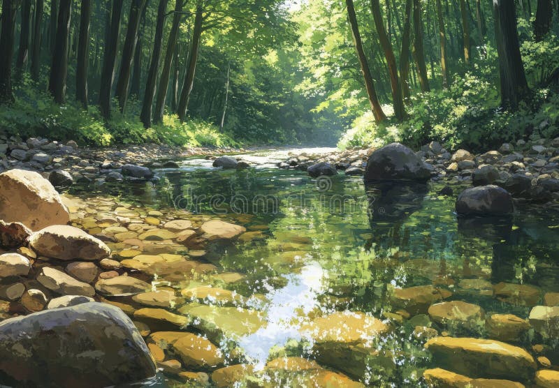 Sunlit Forest Stream Tranquil Green Landscape with Rocks and Sunlight ...