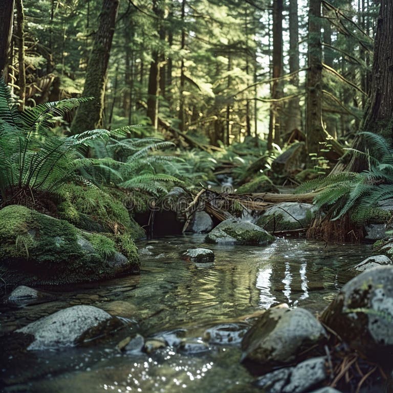Sunlit Stream Flows through Mossy Forest, Reflecting Trees Stock Photo ...