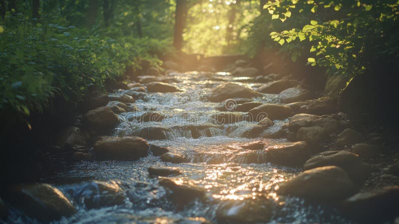 Sunlit Stream Flows through Rocky Forest Creek Stock Illustration ...