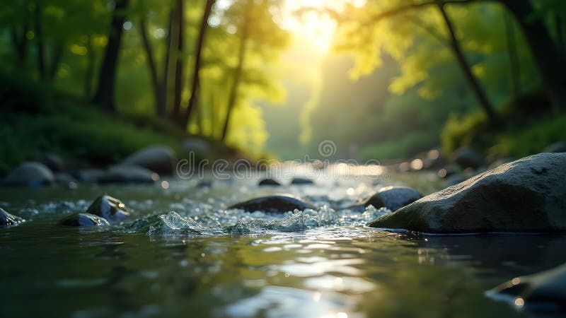 Sunlit Stream, Tranquil Forest River Scene Stock Illustration ...