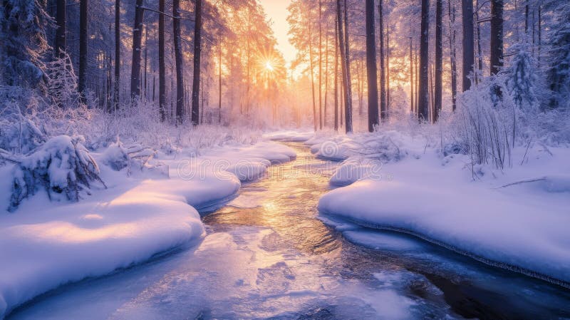 Sunlit Stream Winding through Snowy Winter Forest Stock Illustration ...