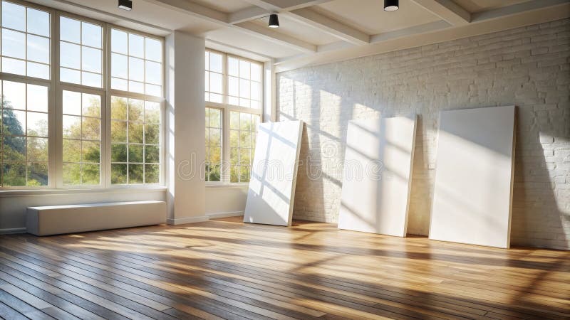 Sunlit Studio Interior with Blank Canvases Leaning Against a White ...