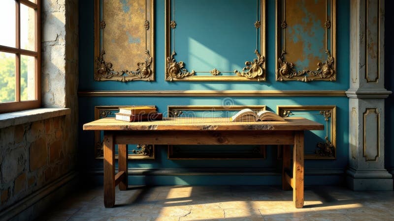Sunlit Study with Antique Wooden Table and Books. Generative AI Stock ...