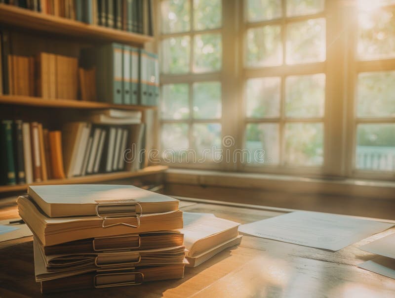 Sunlit Study Room with Stacked Documents Stock Image - Image of paper ...