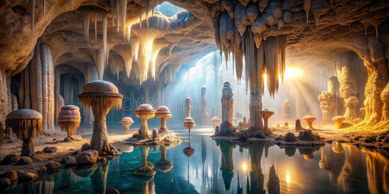 Sunlit Subterranean Grotto with Crystalline Formations and Mushroom ...