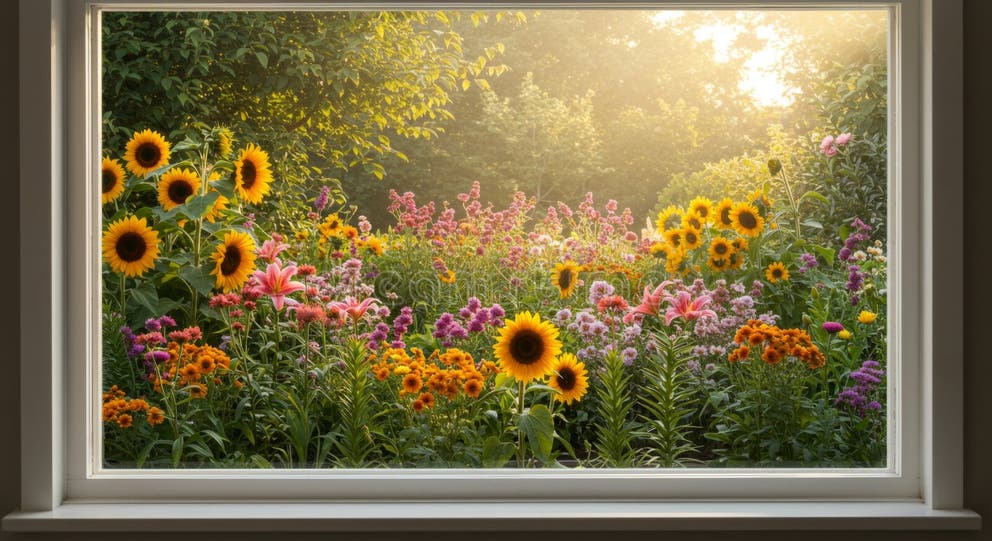 Sunlit Summer Garden View through Window Stock Photo - Image of light ...