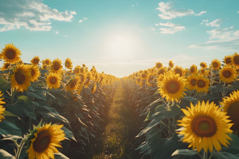 Sunlit Sunflower Field Under Clear Blue Sky Sunset Stock Photos - Free ...