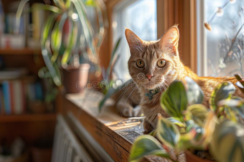 Sunlit Tabby Cat Exploring Indoor Plants.. Stock Photo - Image of ...