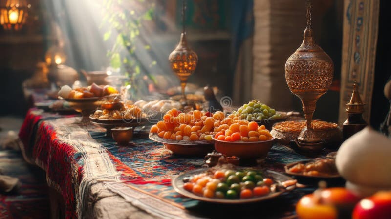 Sunlit Table of Middle Eastern Sweets and Fruits Stock Illustration ...