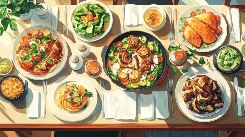 A Sunlit Table Set with a Delicious Variety of Foods Stock Illustration ...