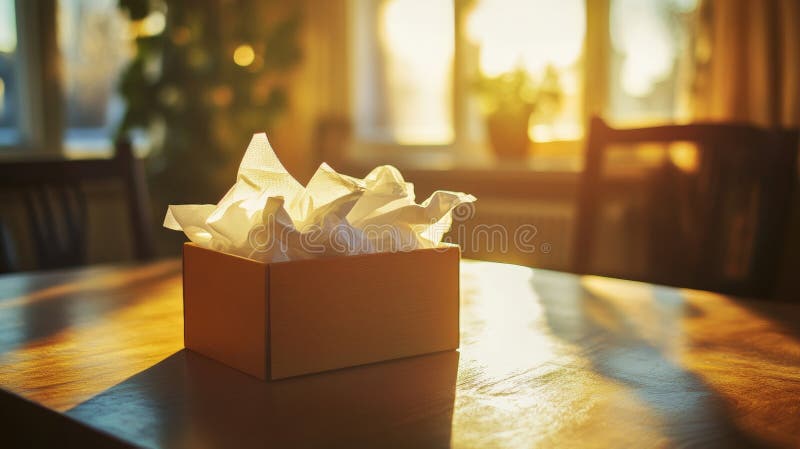 Sunlit Table with Tissue Box Surrounded by Crumpled Used Tissues in ...