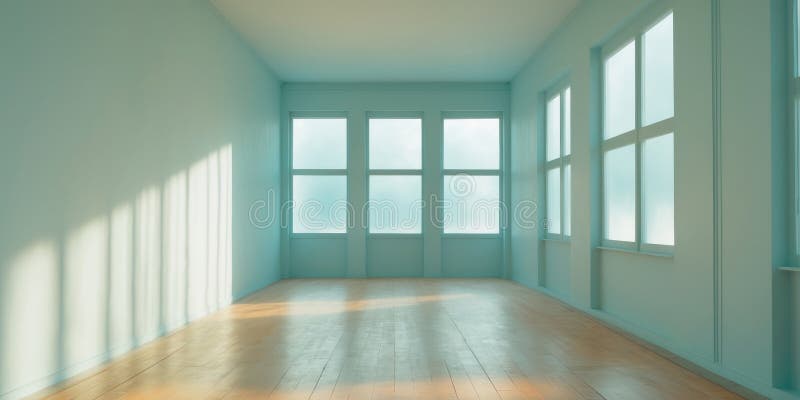 Sunlit Teal Room with Wooden Floor and Large Windows Stock Image ...