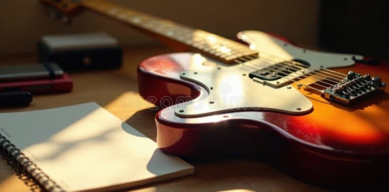 Sunlit Telecaster Guitar Rests on Wood Desk beside Notepad, Wood ...