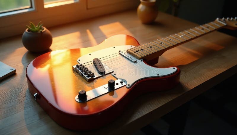 Sunlit Telecaster Rests on Wood Desk beside Notepad, Studio, Notepad ...